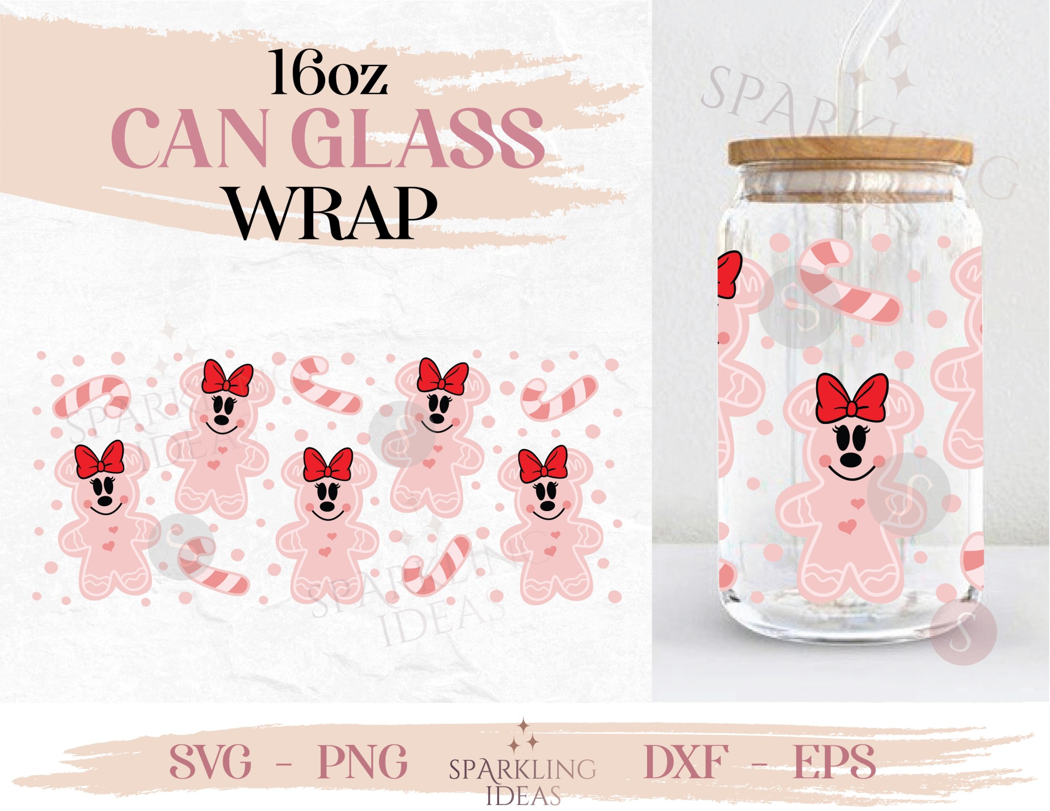 Christmas Pink Gingerbread Mouse Ears Can glass SVG 16oz SVG ...