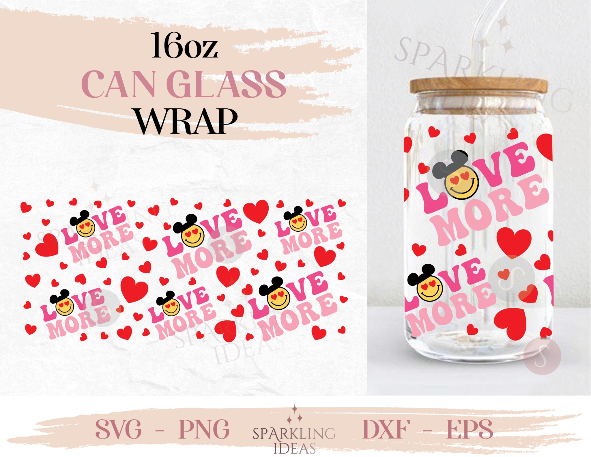 Love More Can glass wrap SVG 16oz, Retro Mouse Ears Can Glass Svg ...