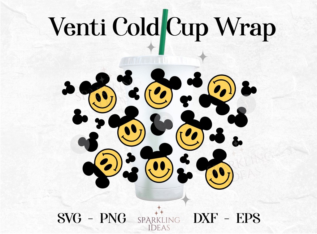 Mouse Ears Happy Face Venti Cup 24oz Wrap No Hole, Magic Kingdom Cold ...