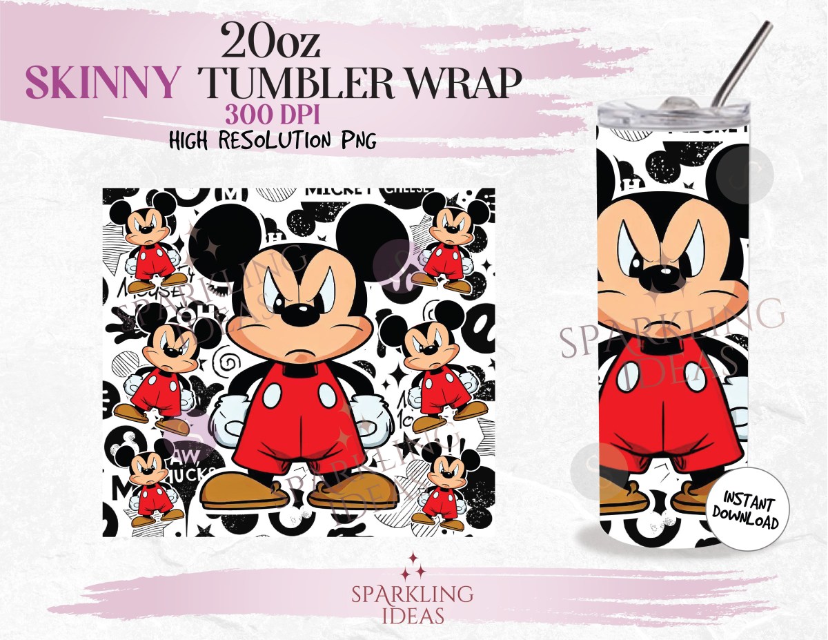 20 oz Skinny Tumbler Mickey Angry Face Wrap, Mouse Inspired Tumbler png ...