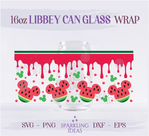 Watermelon Drip Can Glas 16oz Can wrap SVG, Watermelon Mickey Ears ...