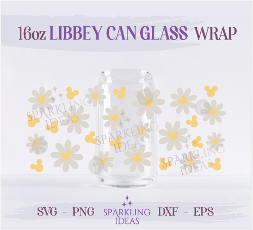 Daisy Mouse Can Glass 16oz SVG, Mouse Flowers Ears Libbey Svg, Flowers ...