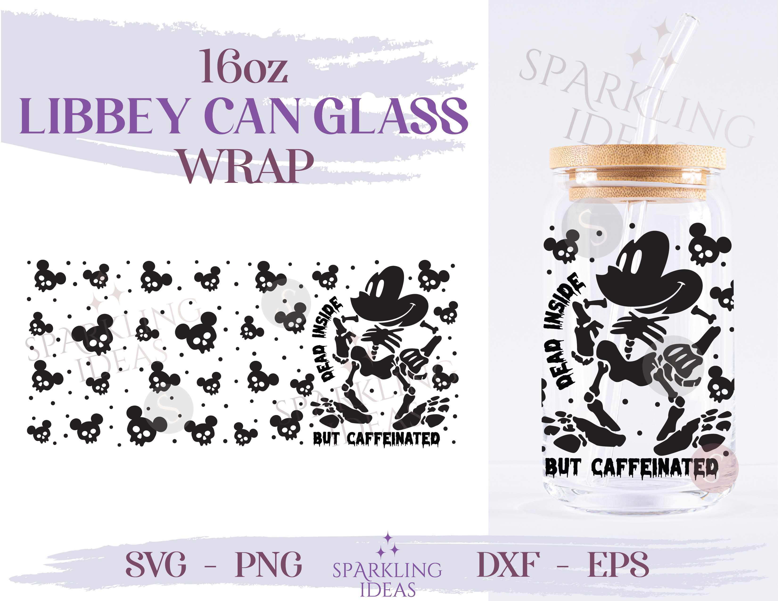 Death inside but Caffeinated 16oz Glass SVG, Mickey Skeleton Libbey ...
